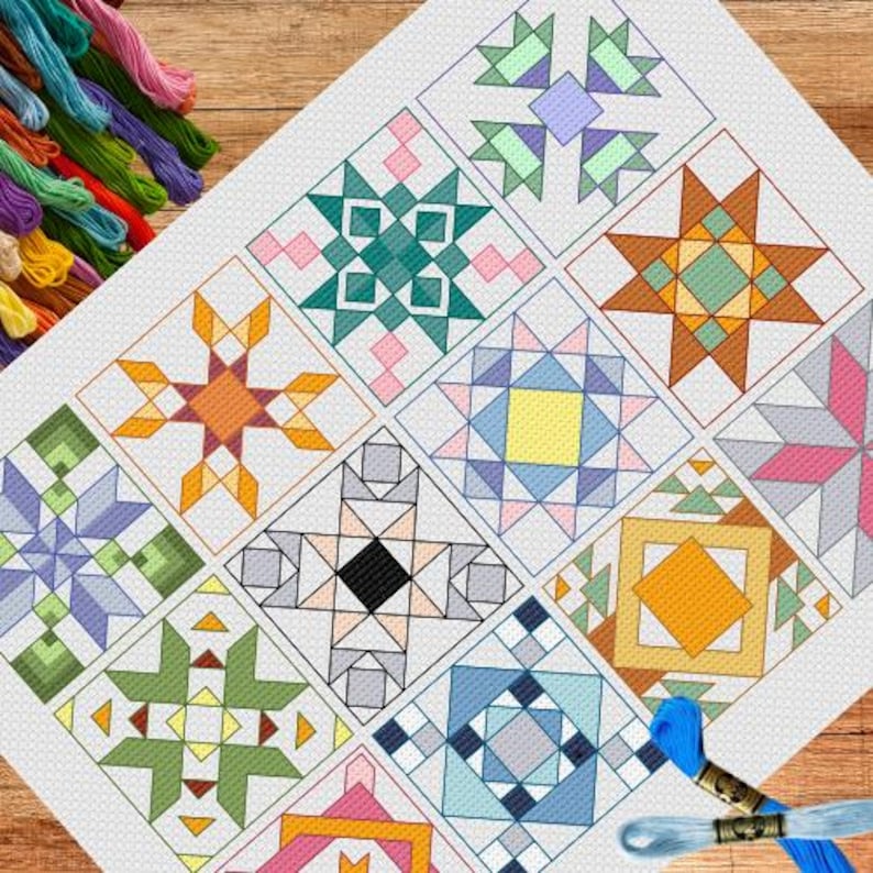 Quilt Block Cross Stitch Pattern, 12 Modern and Traditional Quilt ...