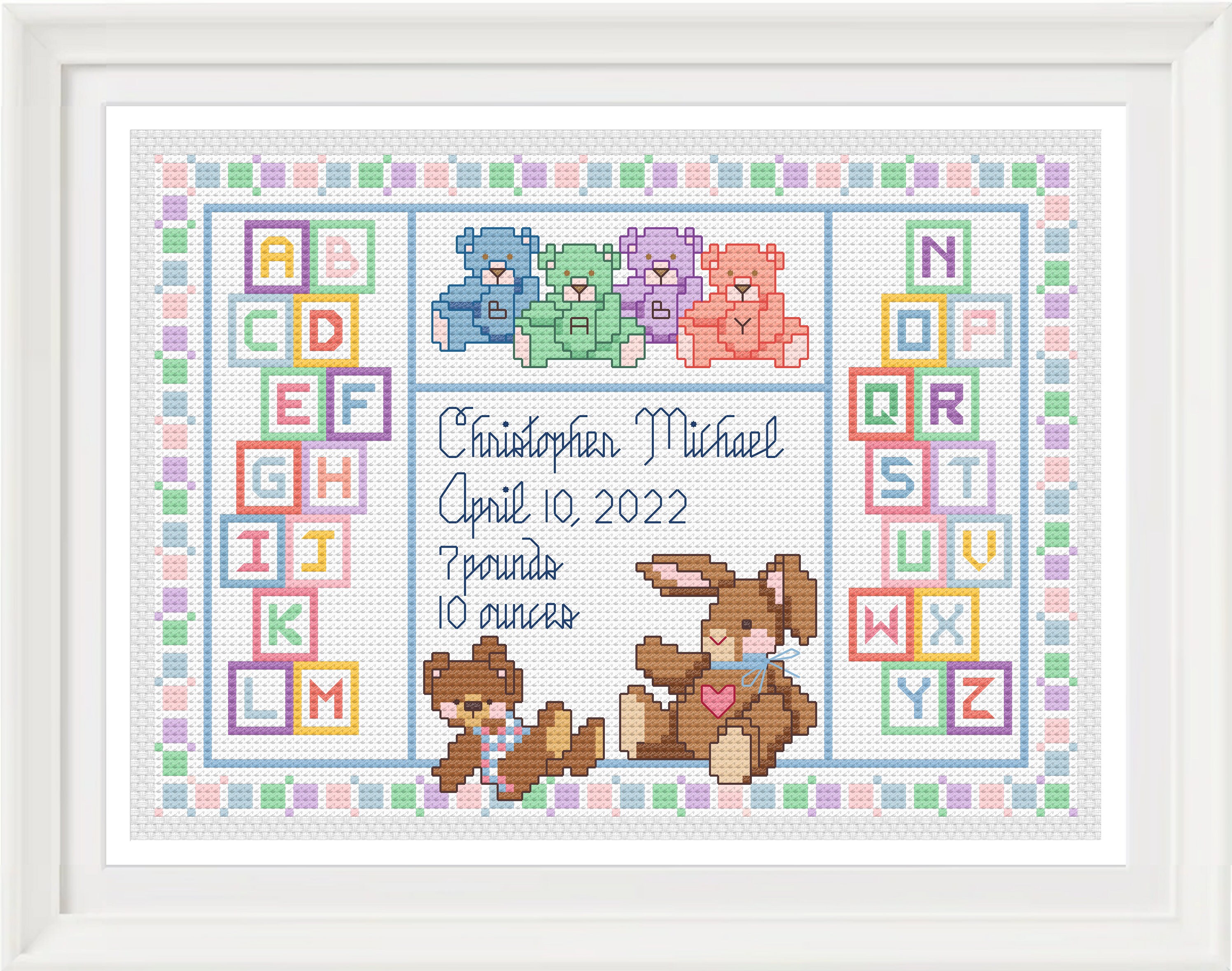Baby Birth Sampler Cross Stitch Pattern PDF, Teddy Bear Cross Stitch ...