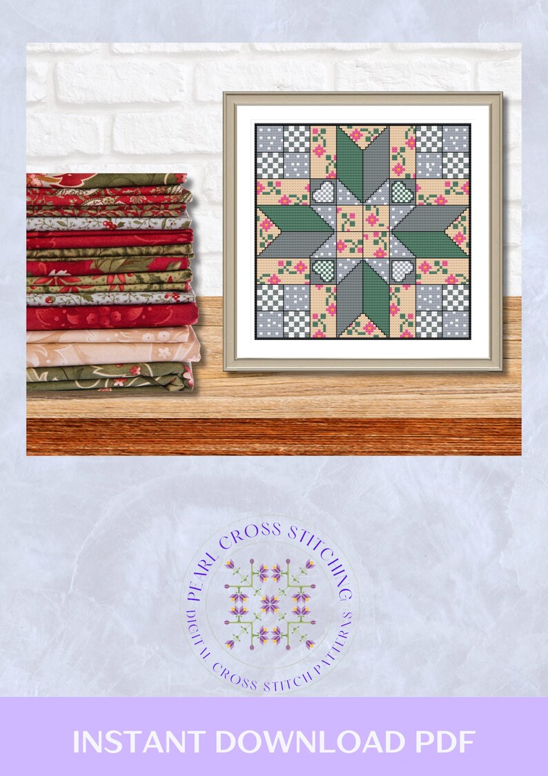 Eight Point Star Quilt Block Cross Stitch Pattern, Traditional Quilt ...