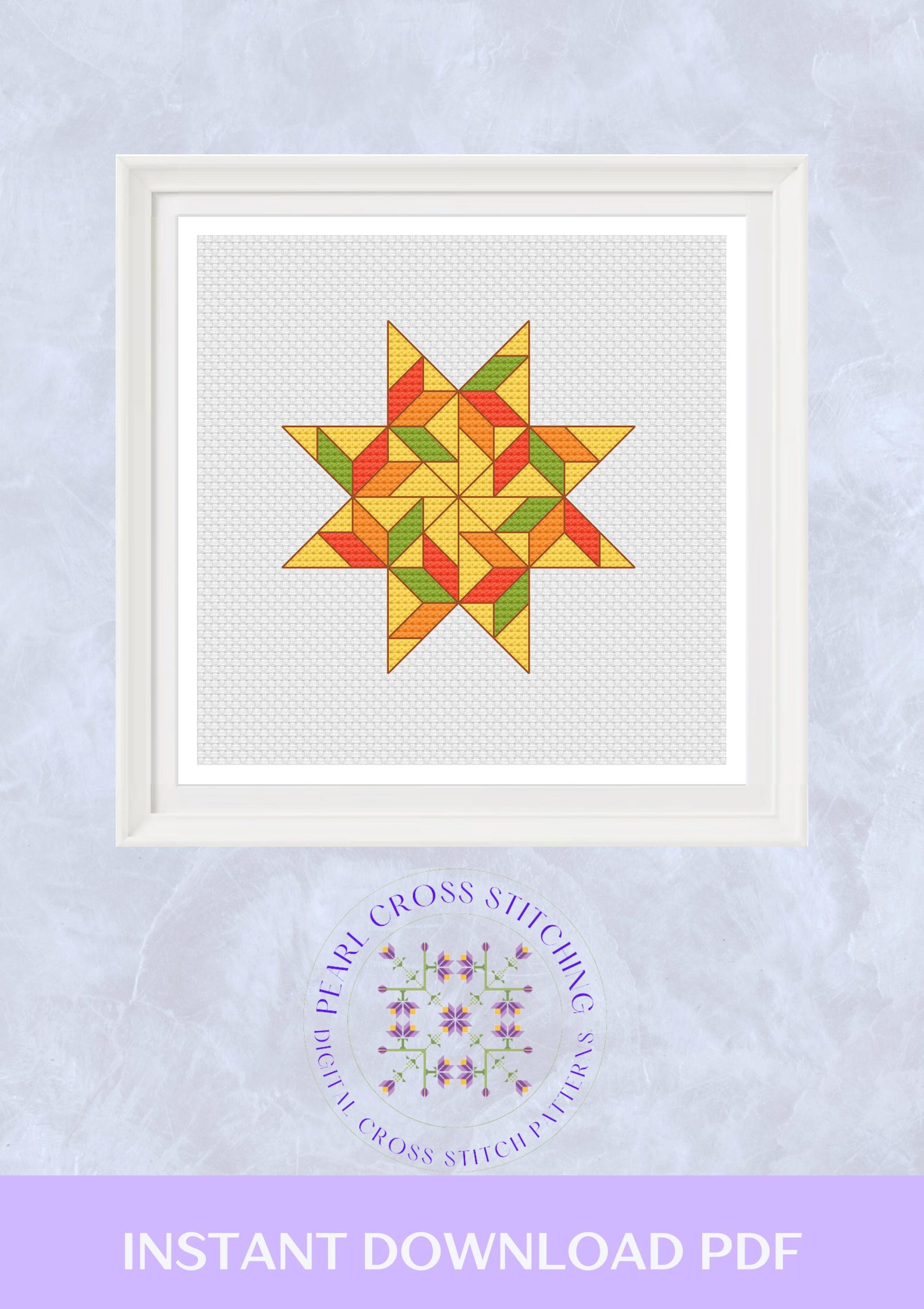 Cross Stitch Pattern, Stained Glass Eight Point Star Design, PDF ...