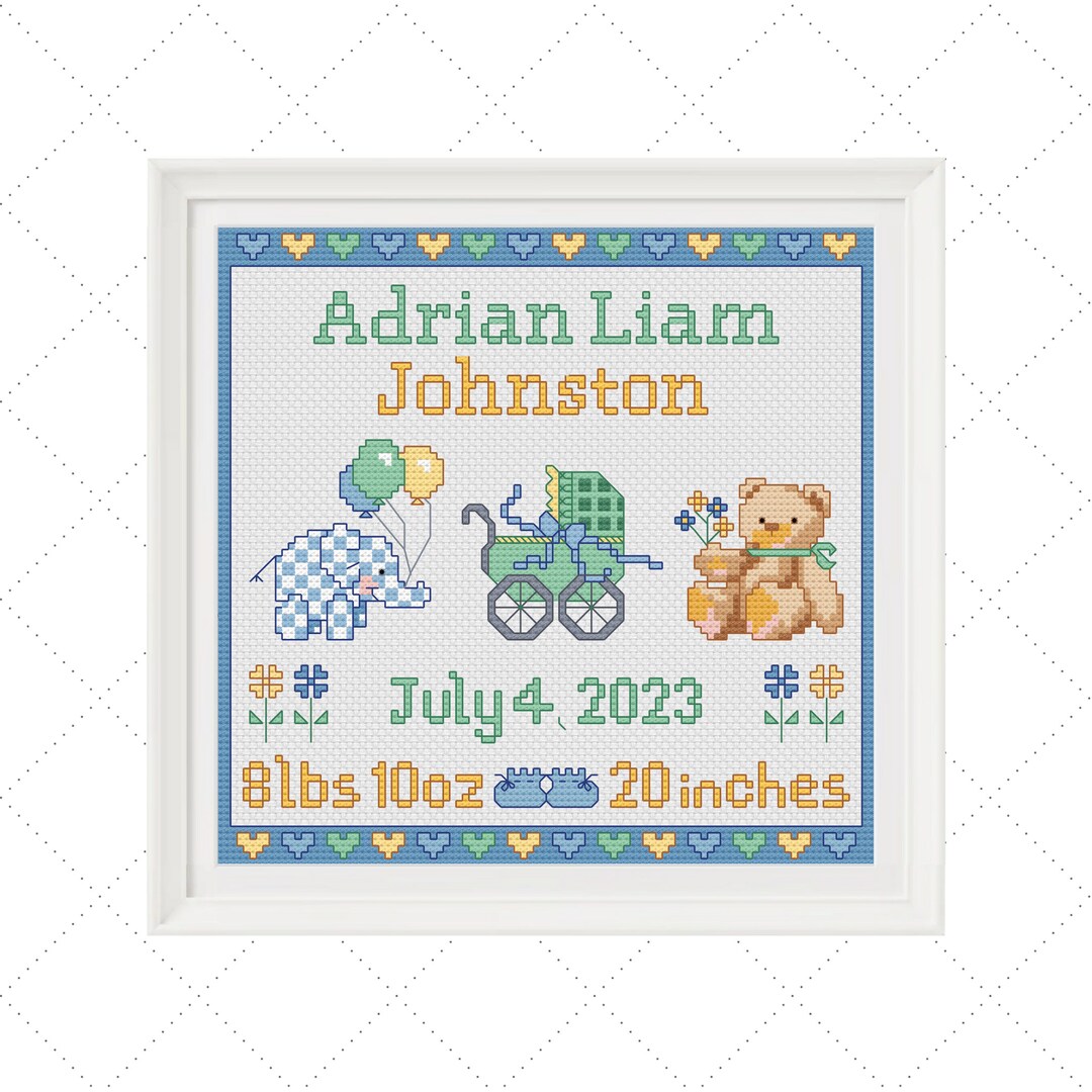 Baby Birth Cross Stitch Sampler Pattern, Elephant, Teddy Bear Baby ...