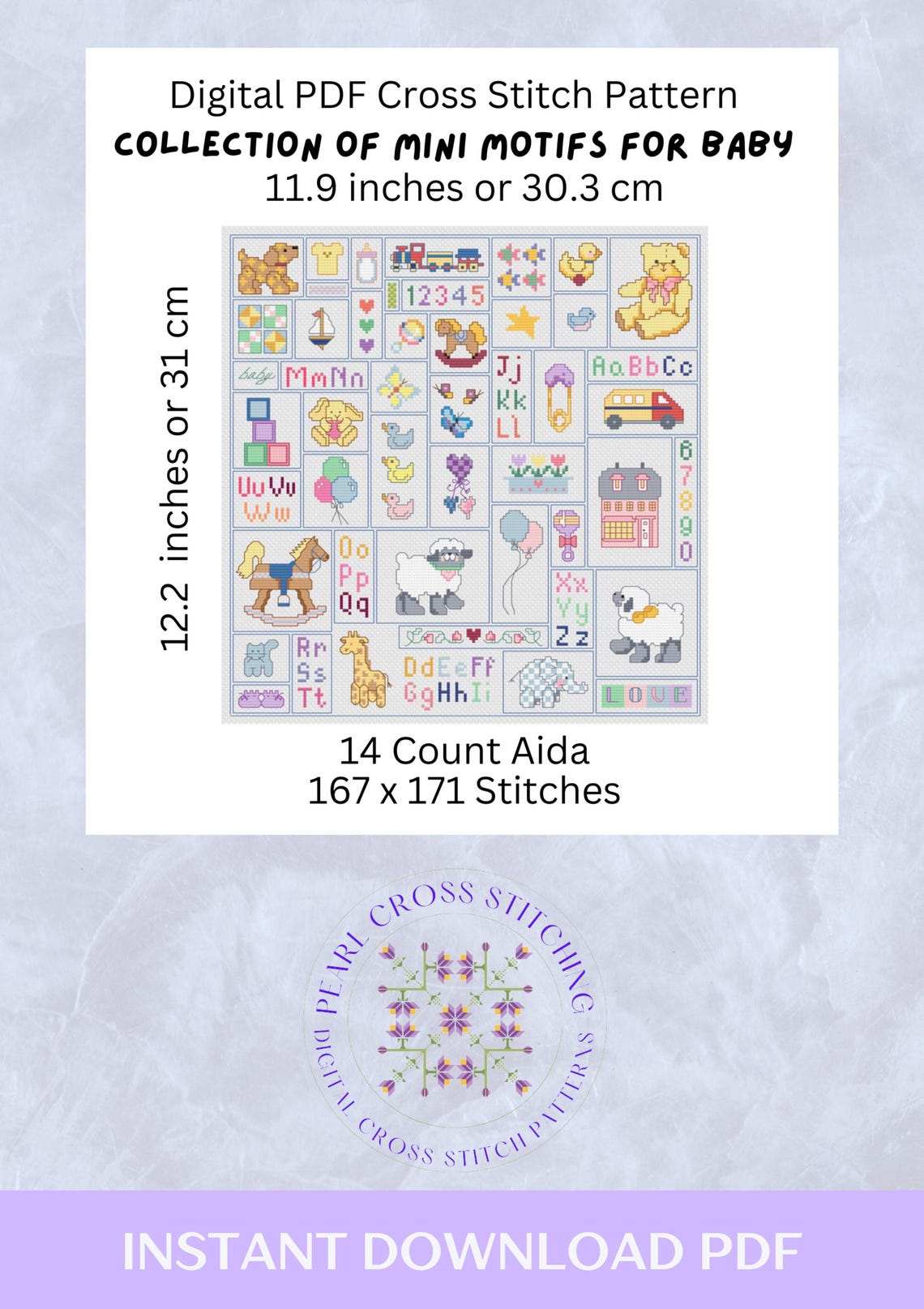 Cross Stitch Pattern, Baby Motifs Sampler, Alphabet and Numbers, PDF ...