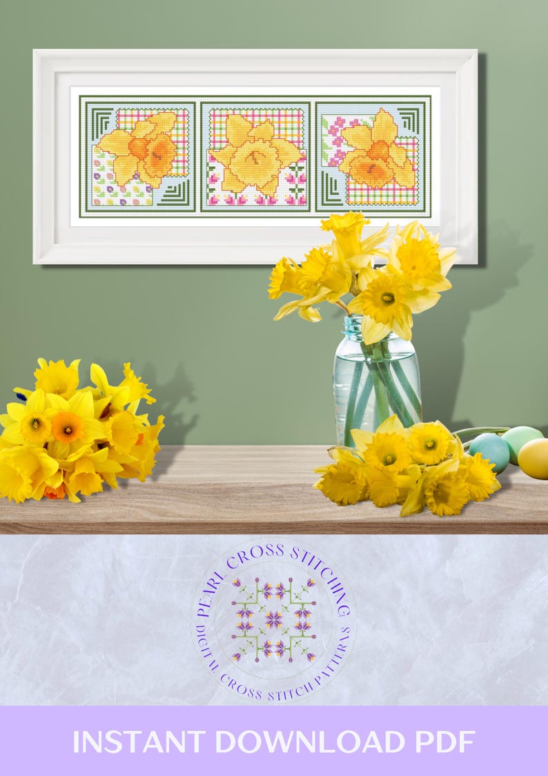 Cross Stitch Pattern, Yellow Daffodils Spring Sampler, PDF Pattern Instant Digital Download ...
