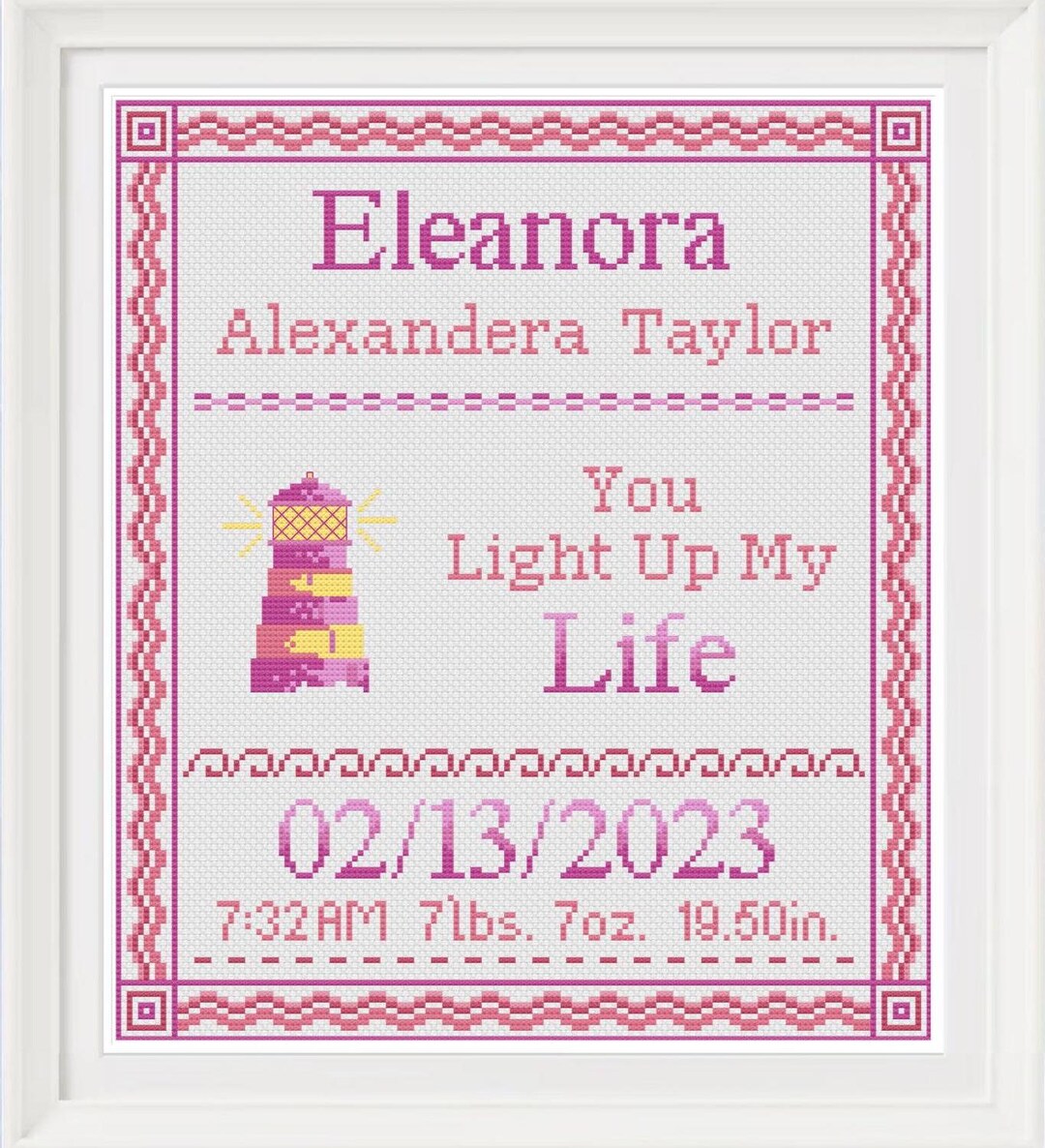 Cross Stitch Pattern, Baby Birth Sampler, Lighthouse "you Light up My ...