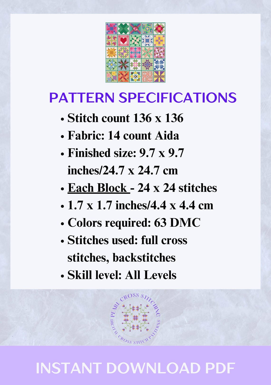 Cross Stitch Pattern, 25 Cross Stitch Quilt Block Patterns, Traditional ...