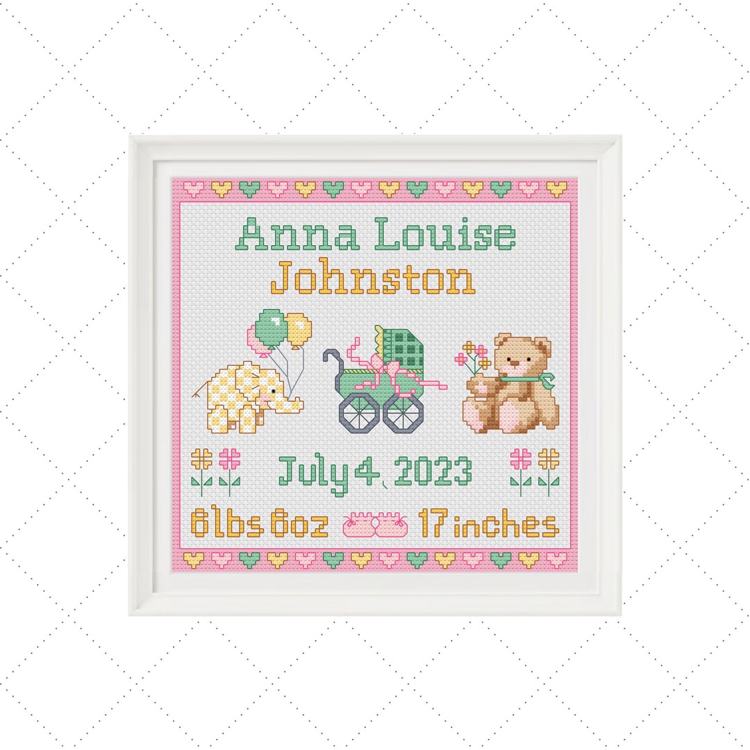Baby Birth Cross Stitch Sampler Pattern, Elephant, Teddy Bear, Baby ...