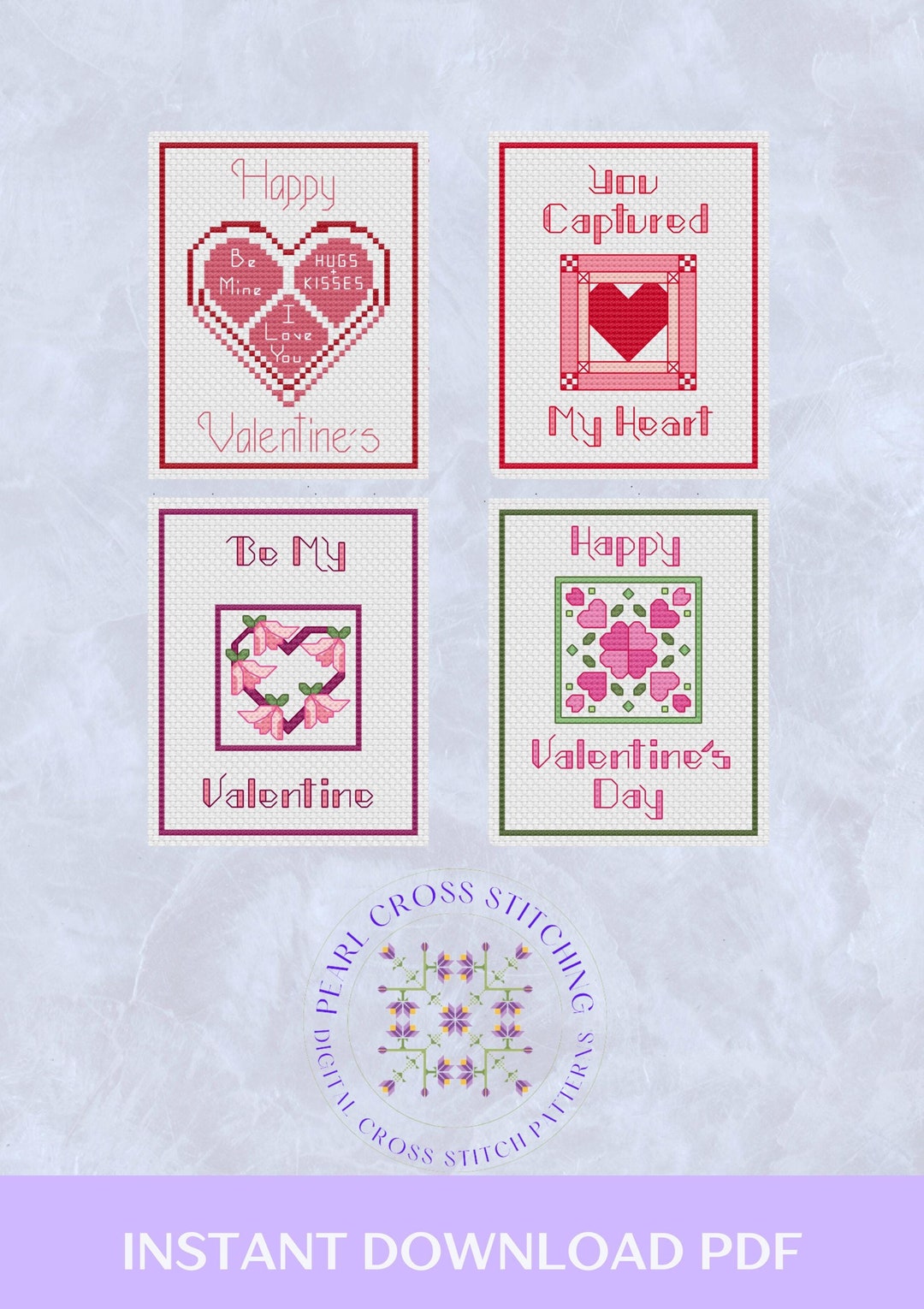 Valentine Cards Cross Stitch Patterns, Four Digital PDF Counted Cross ...