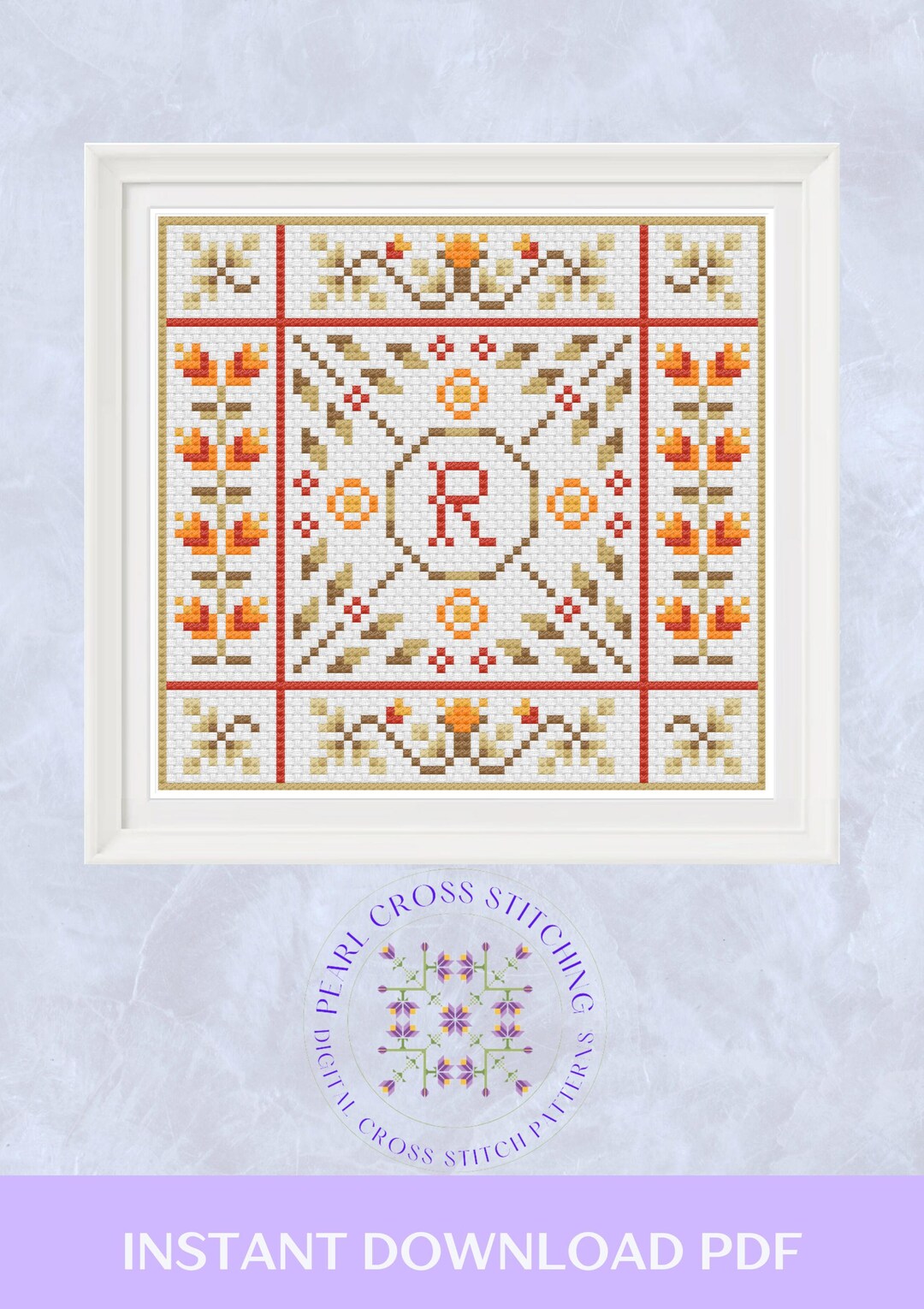 Monogram Cross Stitch Pattern, Initial R, Alphabet and Floral Design ...