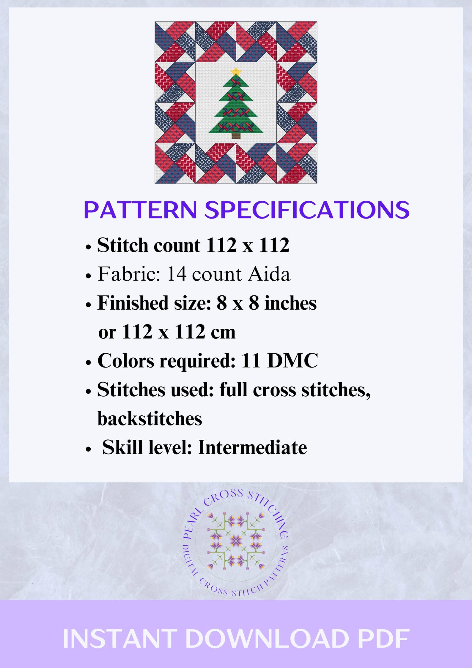 Pinwheel Cross Stitch Pattern, Christmas Tree Quilt Block Design, PDF ...