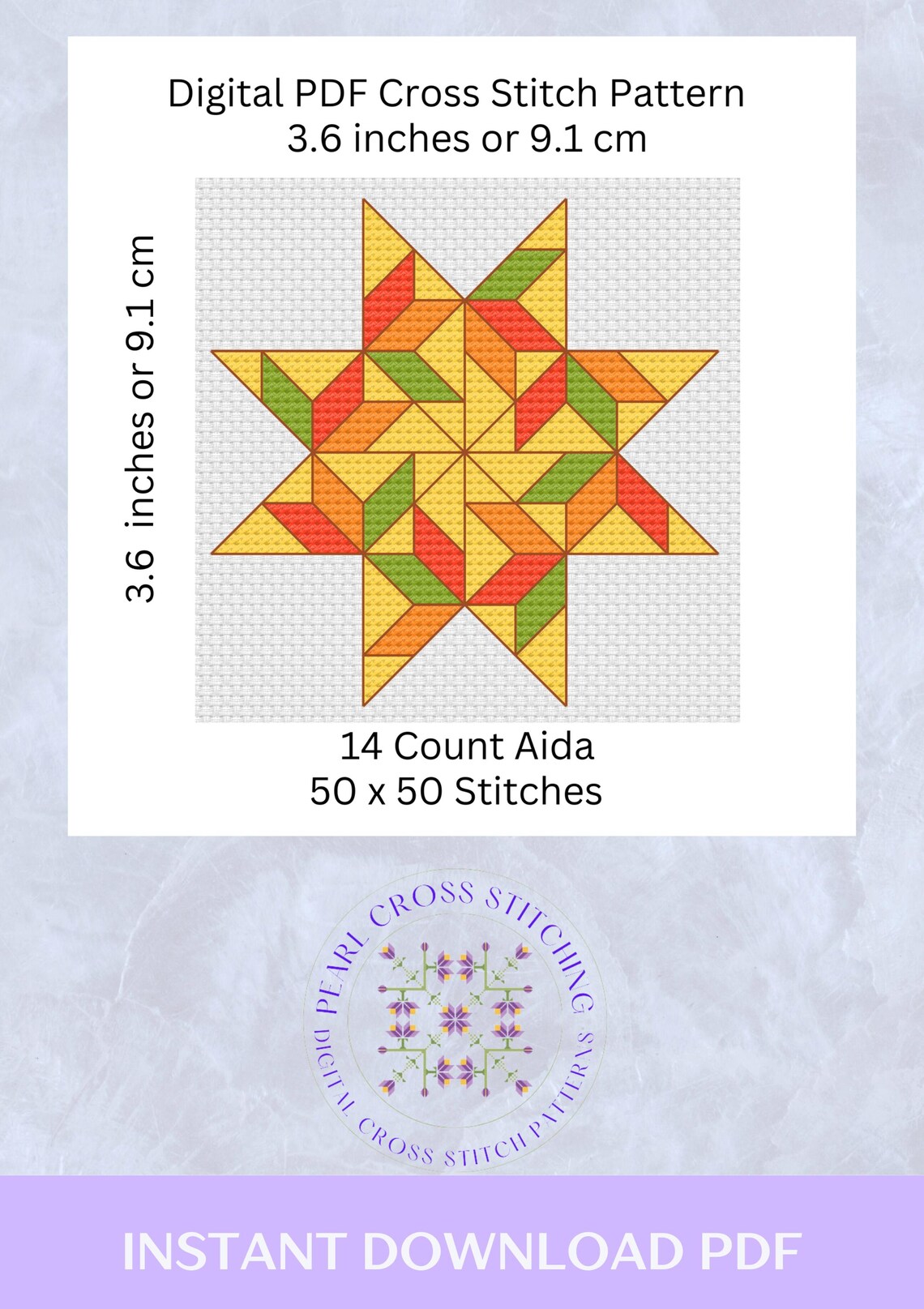 Cross Stitch Pattern, Stained Glass Eight Point Star Design, PDF ...
