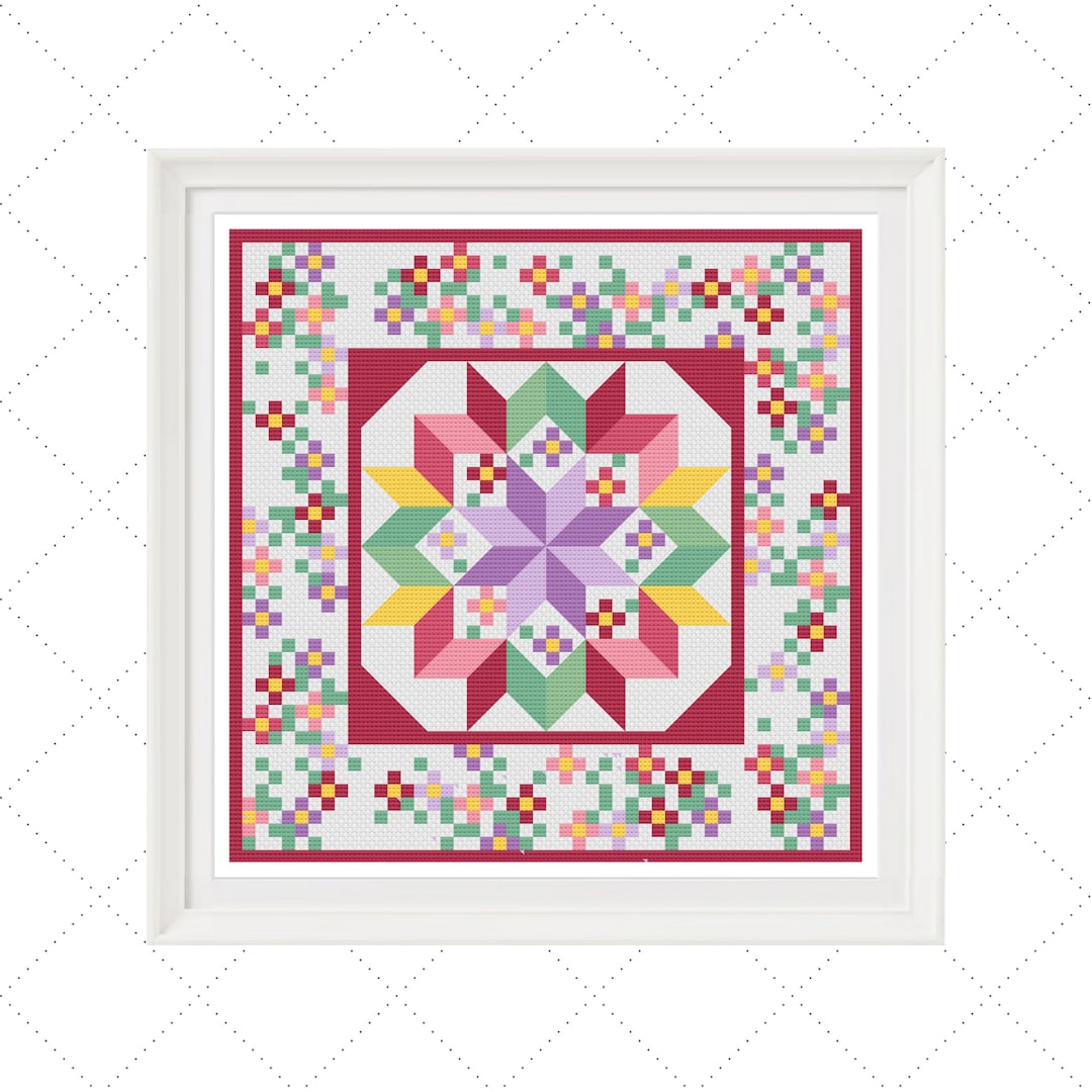 Counted Cross Stitch Quilt Block, Floral Pattern, Gardeners Wheel Quilt ...