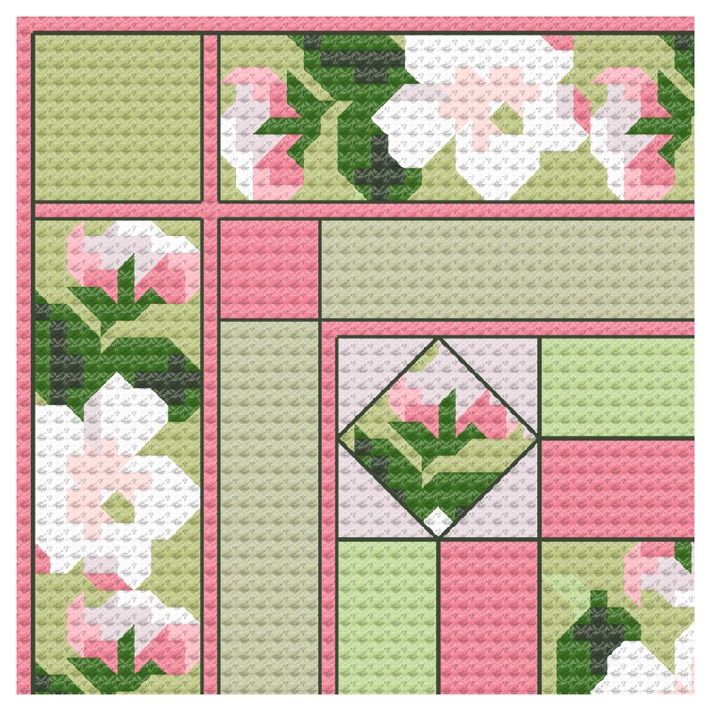 Quilt Block Cross Stitch Pattern, Apple Blossom Sampler, White, Pink ...