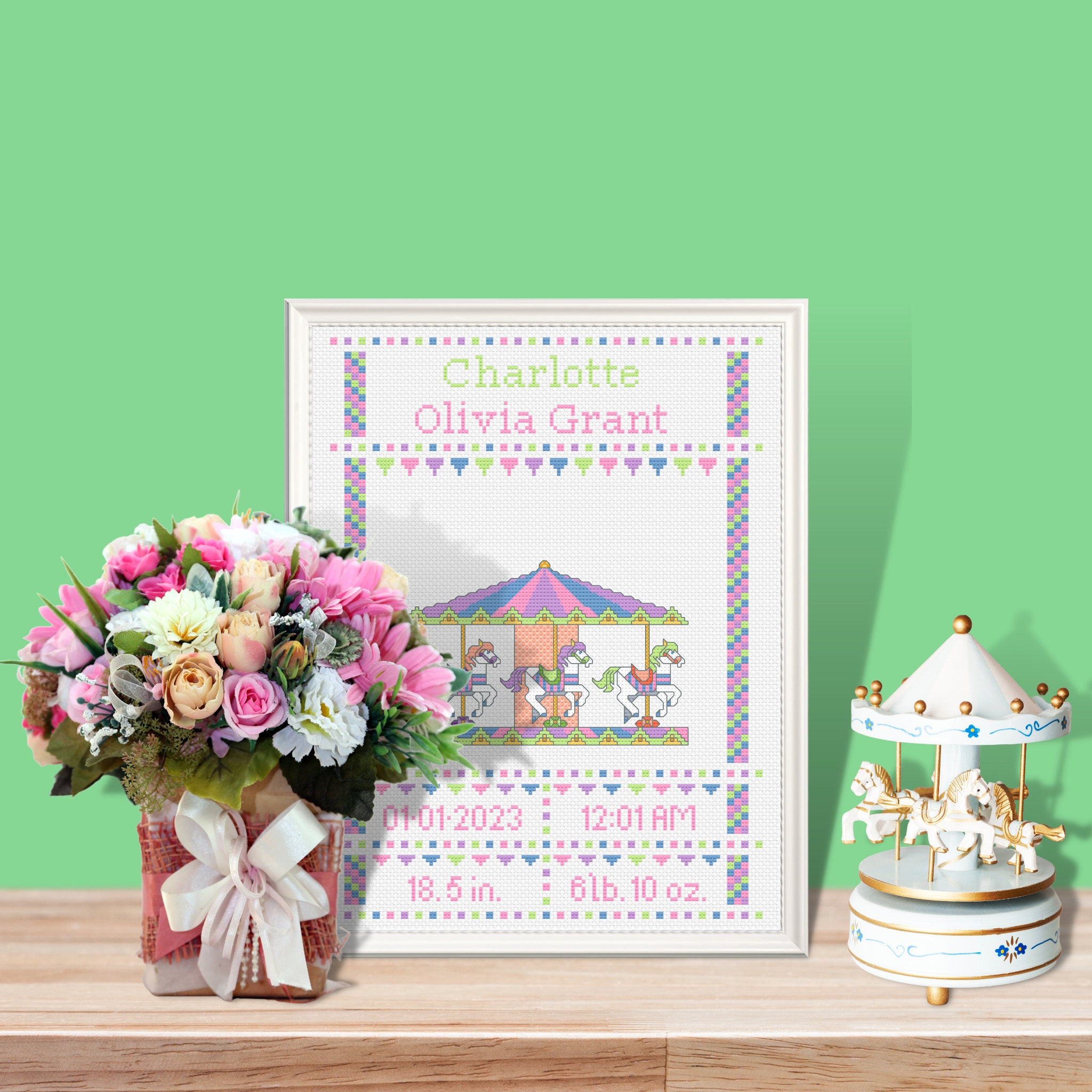 Cross Stitch Pattern, Baby Birth Sampler, Carousel Design, PDF Pattern ...