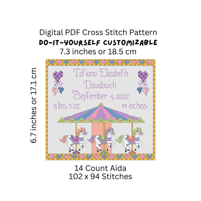 Cross Stitch Pattern, Baby Birth Sampler, Carousel/heart Design, PDF ...