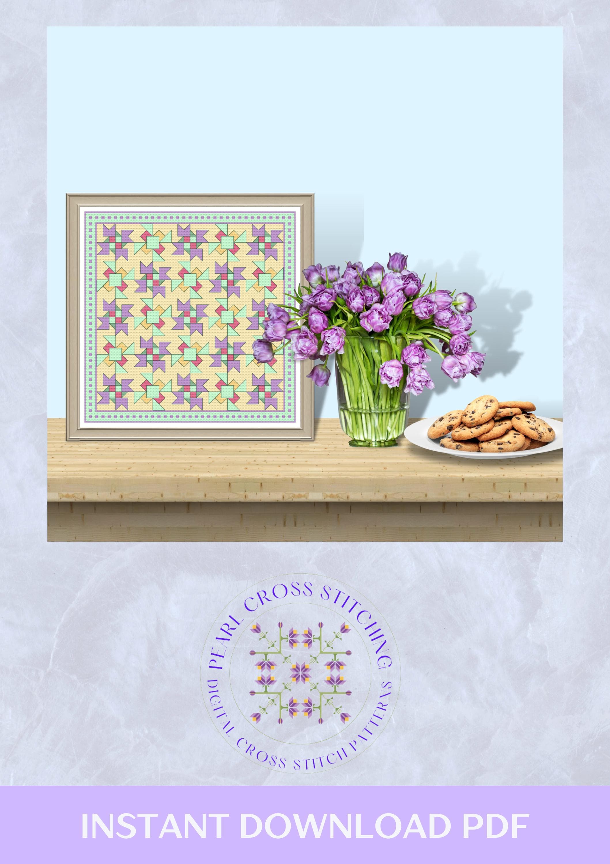 Cross Stitch Pattern, Pinwheels and Tulips Quilt Block Design, Cushion ...