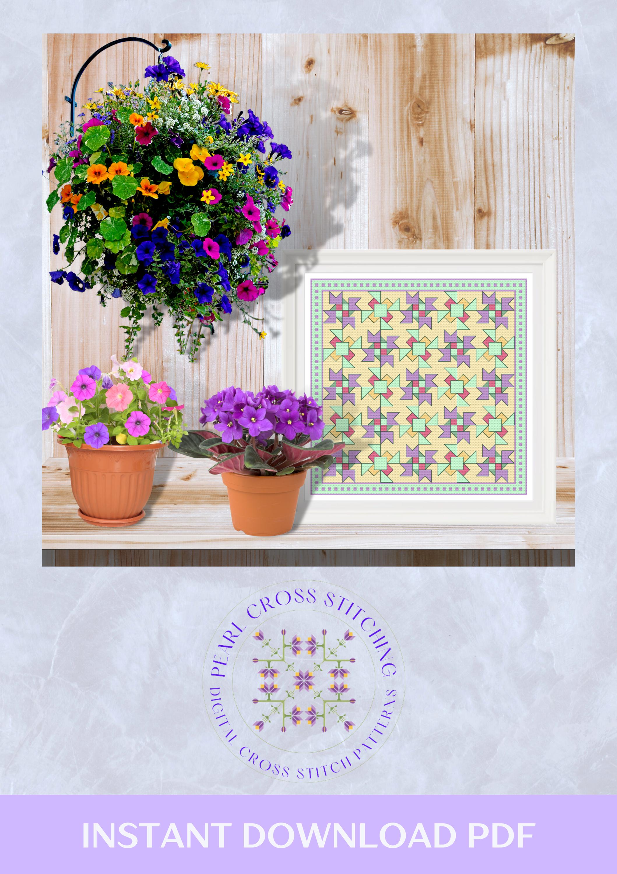 Cross Stitch Pattern, Pinwheels and Tulips Quilt Block Design, Cushion ...