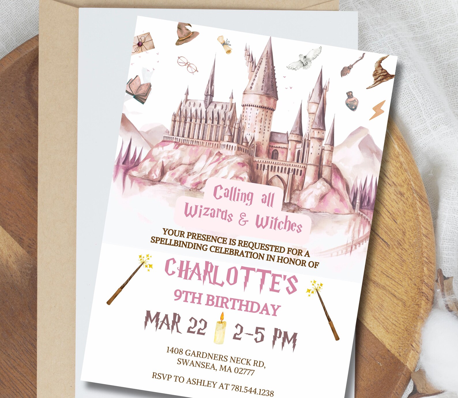 Editable Girl Wizard Birthday Invitation, Pink Wizards Party, Magical ...