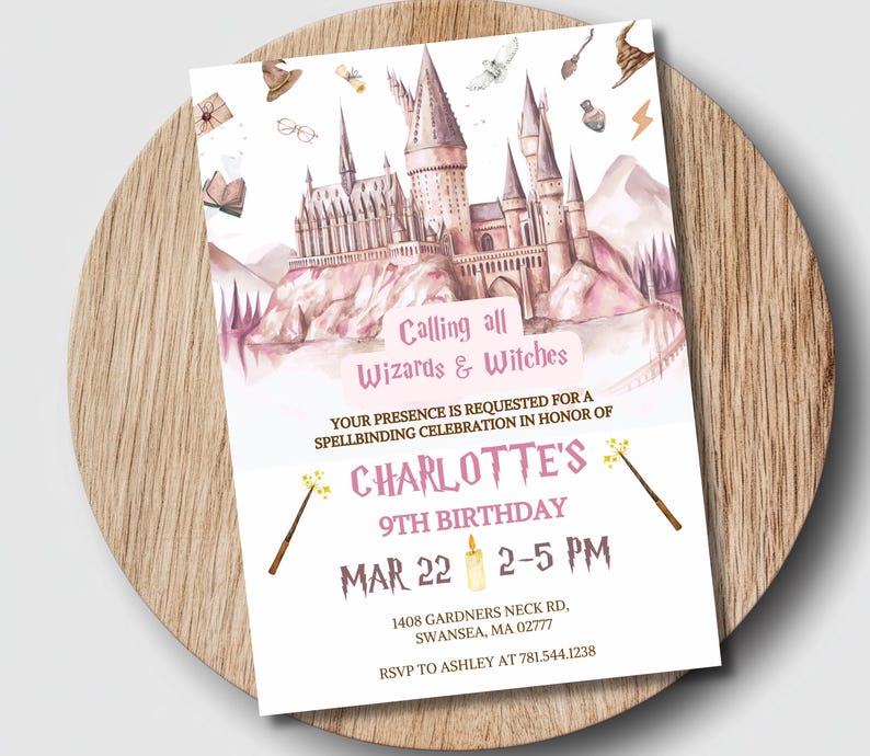 Editable Girl Wizard Birthday Invitation, Pink Wizards Party, Magical ...