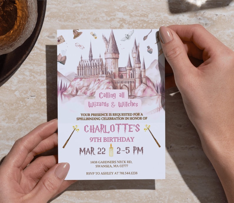 Editable Girl Wizard Birthday Invitation, Pink Wizards Party, Magical ...