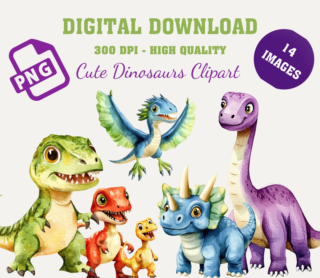 Watercolor Dinosaur PNG Clipart Bundle, Birthday Decor Nursery Art Dino ...