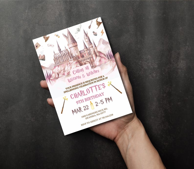Editable Girl Wizard Birthday Invitation, Pink Wizards Party, Magical ...