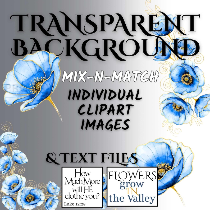 50 Abstract Flowers and Text Clipart- Blue Gold Flower- Printable ...