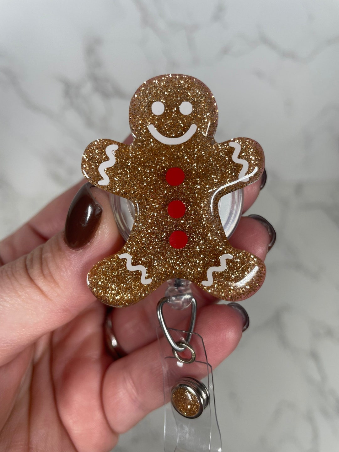 Gingerbread Retractable Badge Reel, Christmas ID Holder, Winter Glitter ...