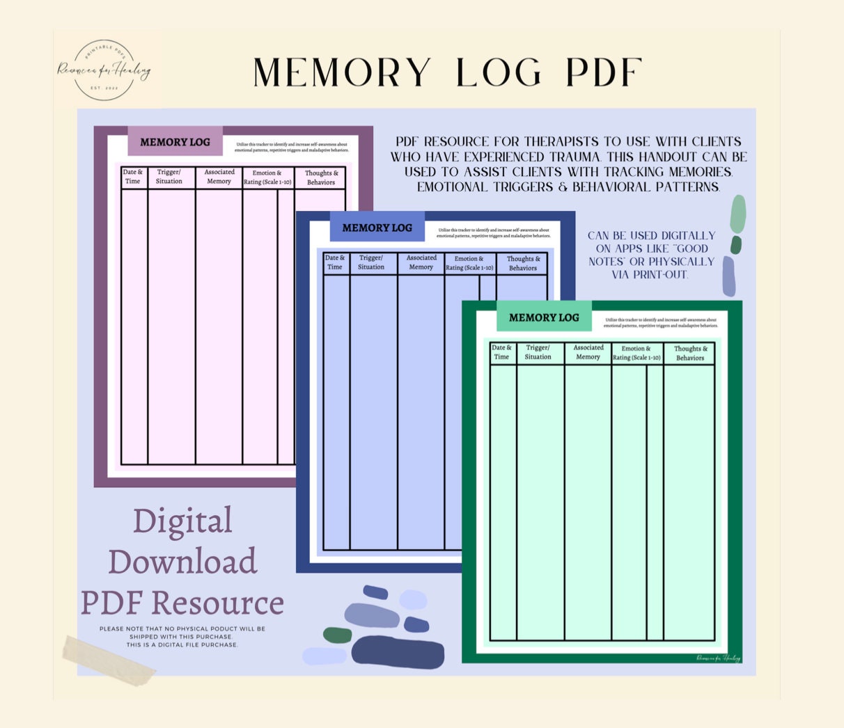 Memory Log Therapy PRINTABLE Therapist Resource PDF Mental | Etsy