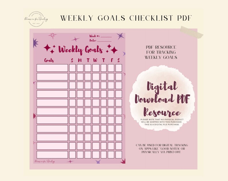 Weekly Goals Checklist Handout PRINTABLE Weekly Worksheet - Etsy