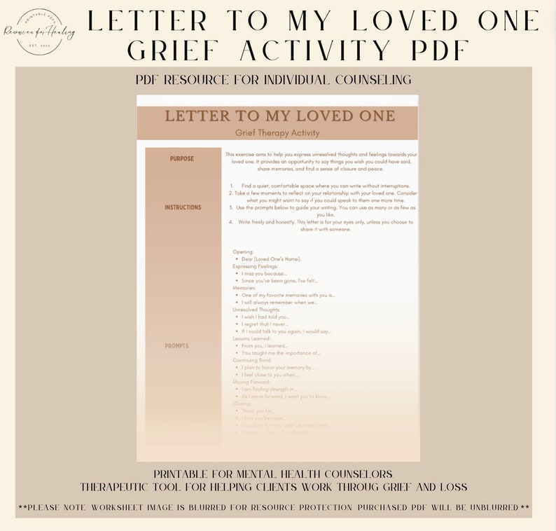 Letter to My Loved One PRINTABLE Grief Activity PDF Mental Health Grief ...