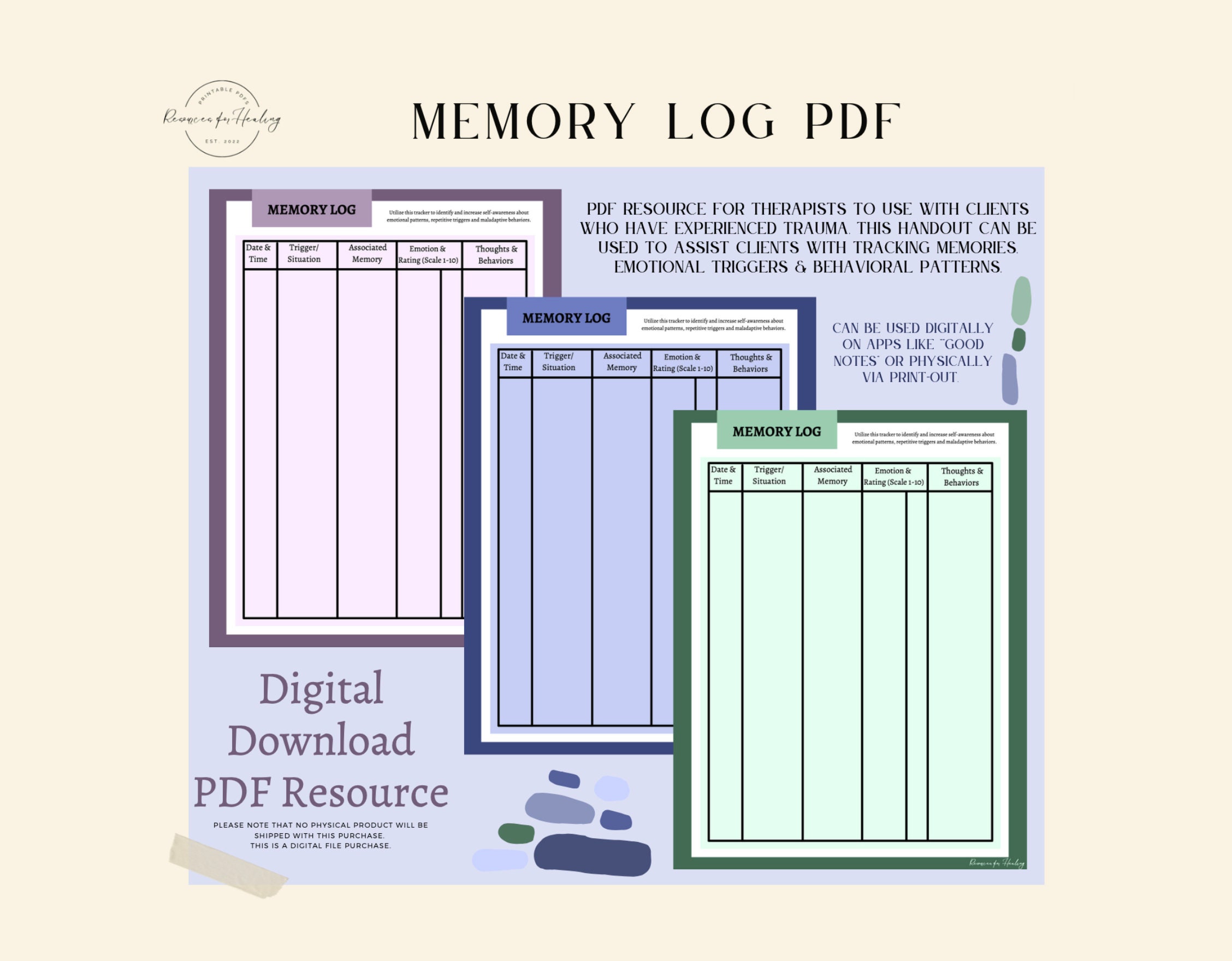 Memory Log Therapy PRINTABLE Therapist Resource PDF Mental - Etsy