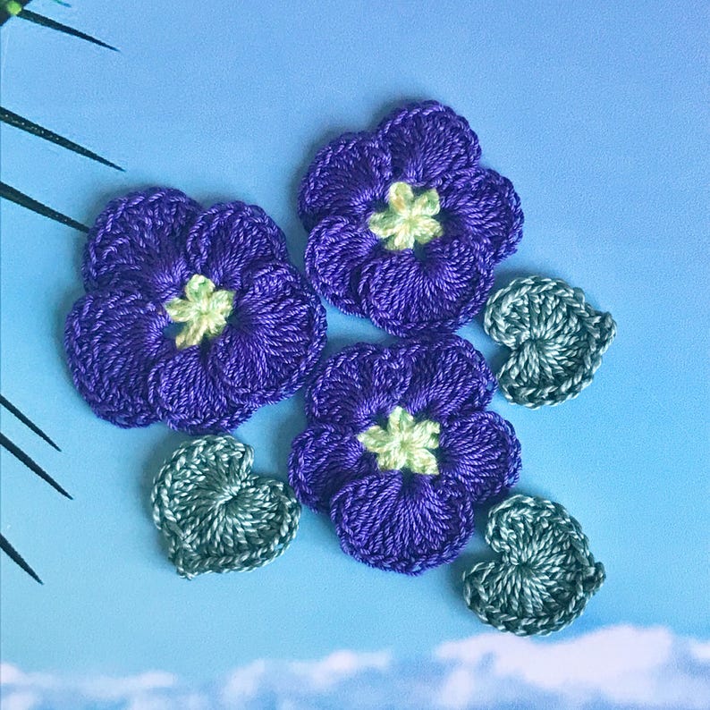 6 Piece Set Pansies Leaves Purple Violet Pansy Flowers Hand Crochet ...