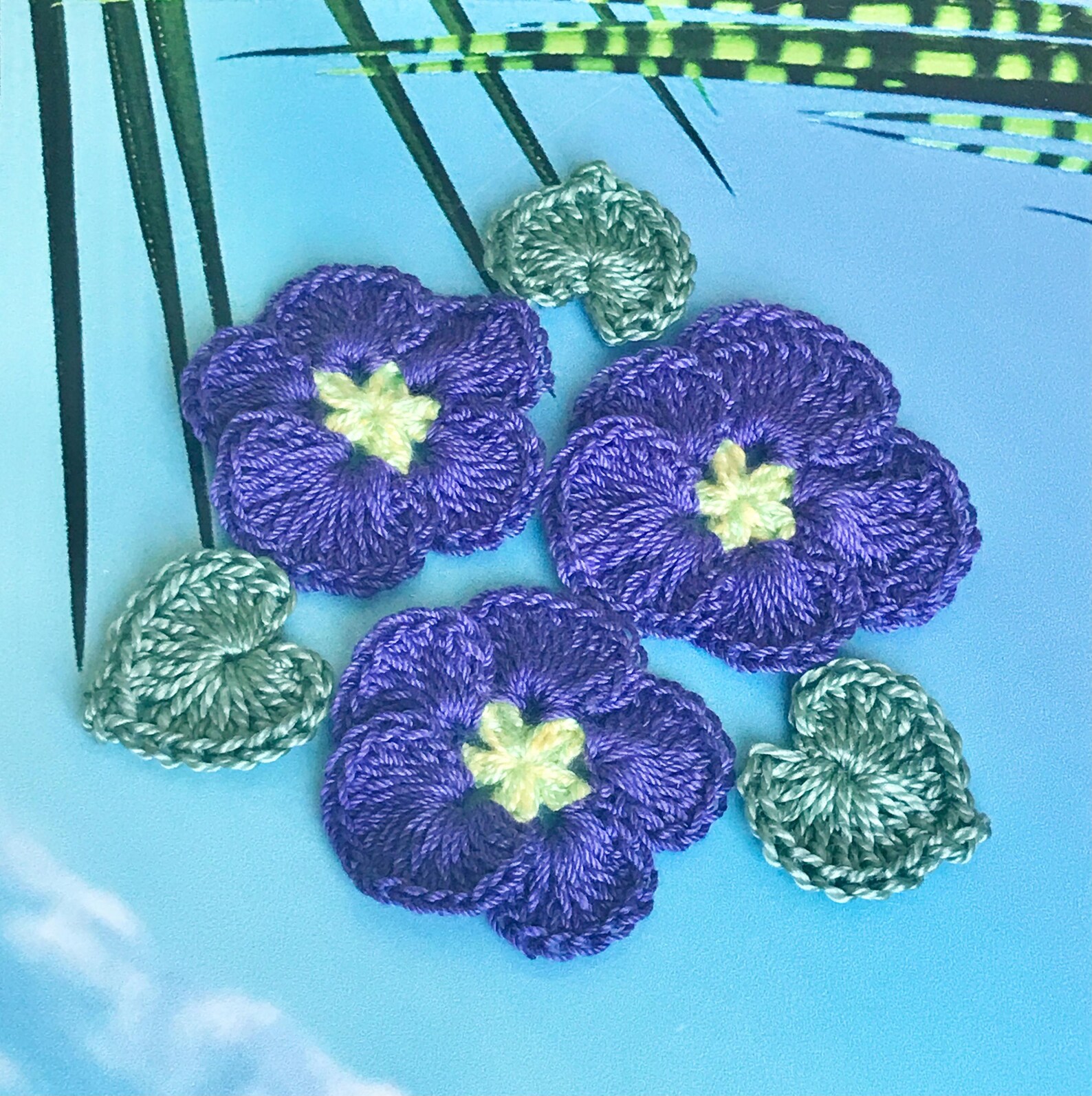 6 Piece Set Pansies Leaves Purple Violet Pansy Flowers Hand Crochet ...