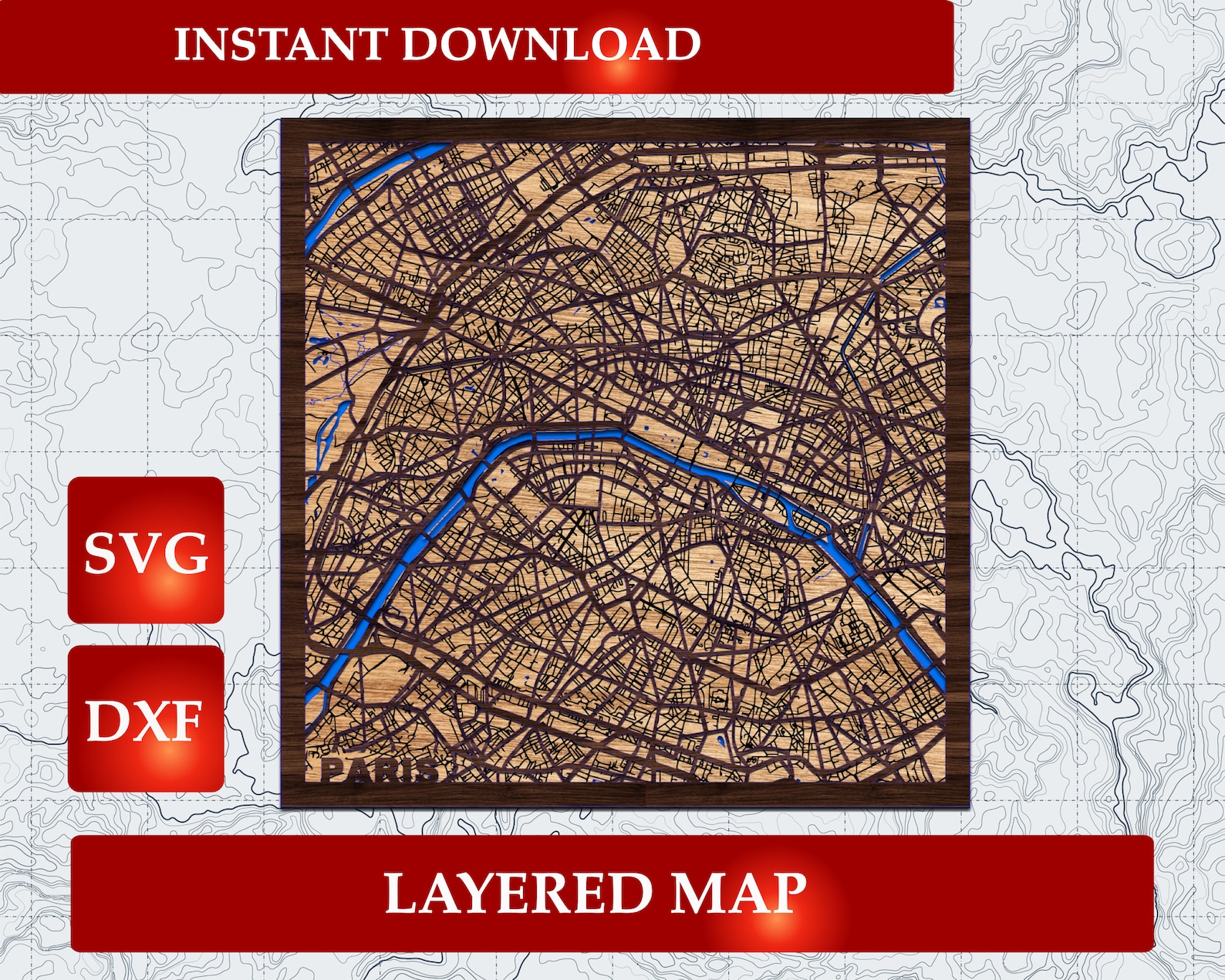 SVG DXF Layered 3D Map Paris, France | Paris Map | Instant Download ...