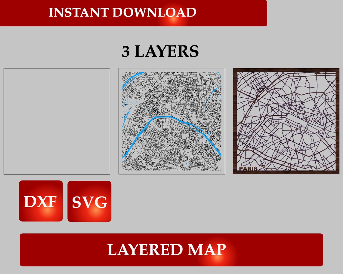 SVG DXF Layered 3D Map Paris, France | Paris Map | Instant Download ...