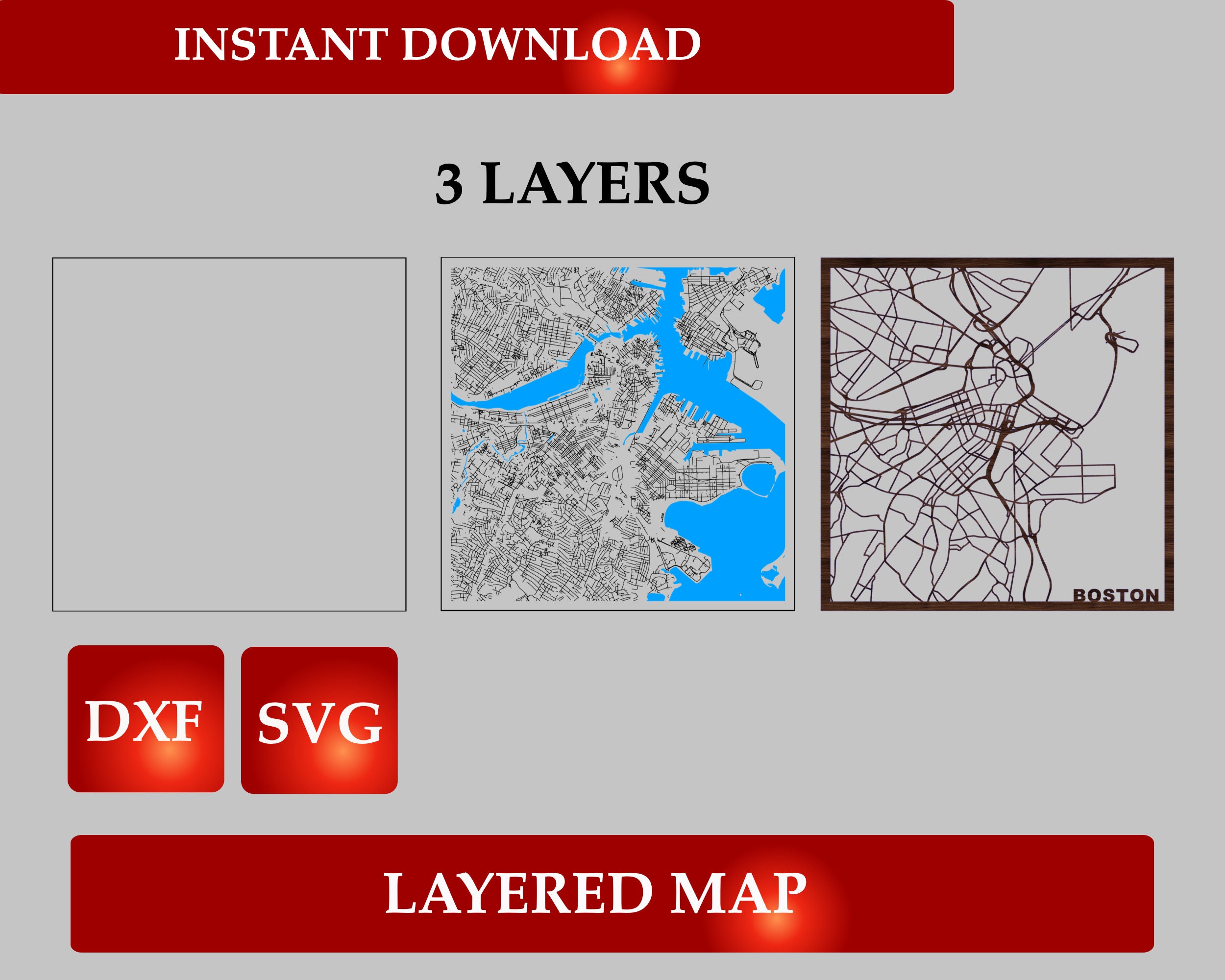 Layered 3D Boston Map: Laser Cut City Streets (SVG DXF Digital Download ...