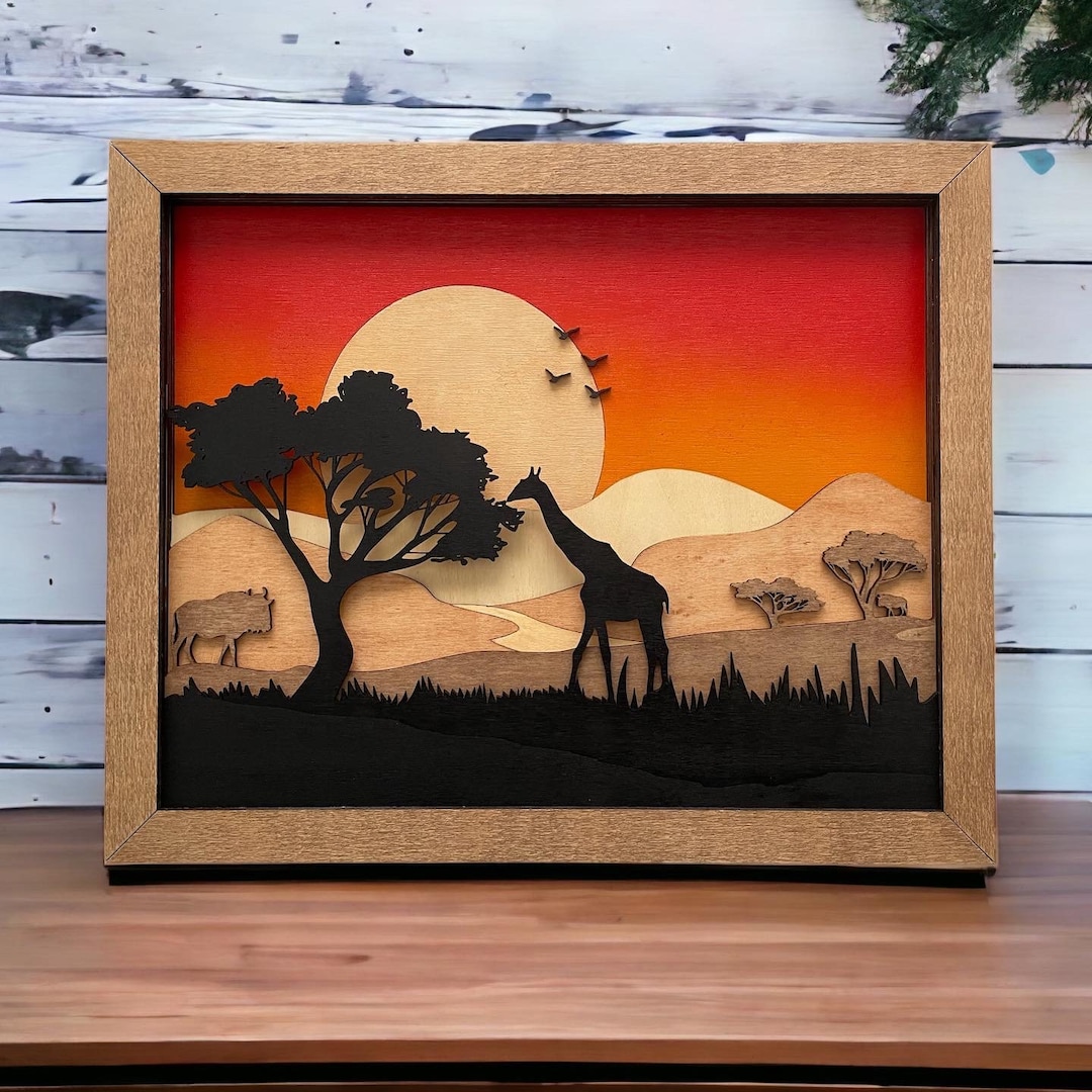 African Sunset Layered Wooden Shadow Box – Giraffe & Wildlife ...