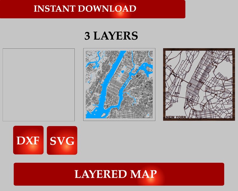 SVG DXF Mapa 3D en capas Nueva York, EE.UU. / Mapa de Manhattan ...