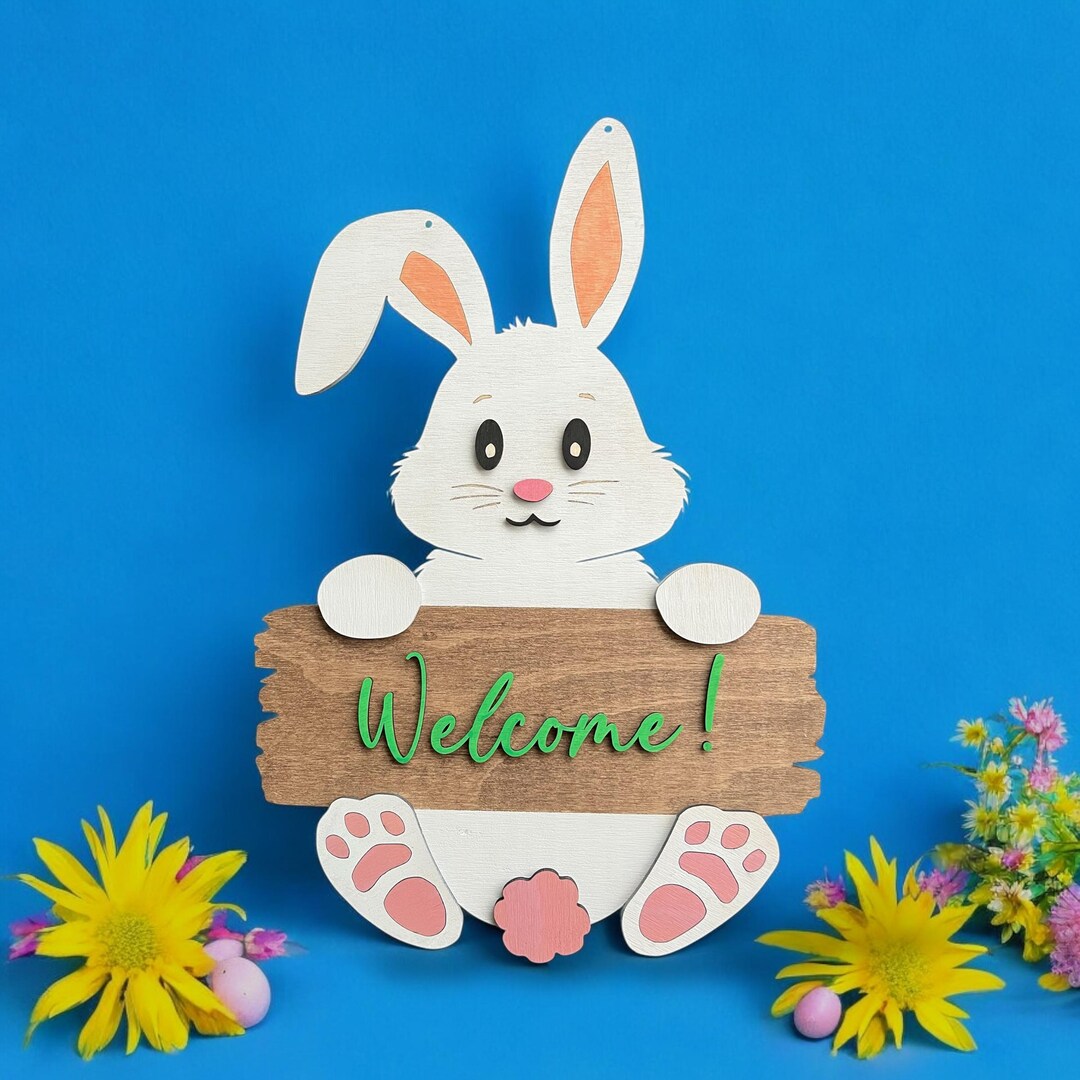Easter Bunny Welcome Sign SVG, Digital Laser Cut File, Layered Wood ...