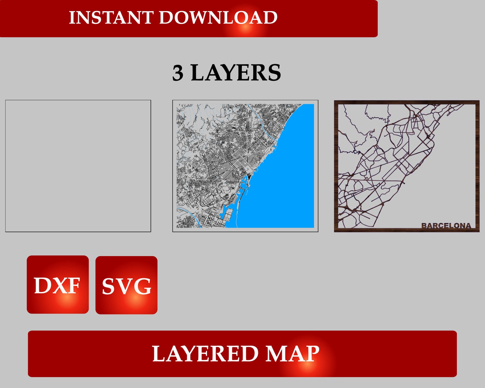 SVG DXF Layered 3D Map Barcelona, Spain Instant Download Laser File ...