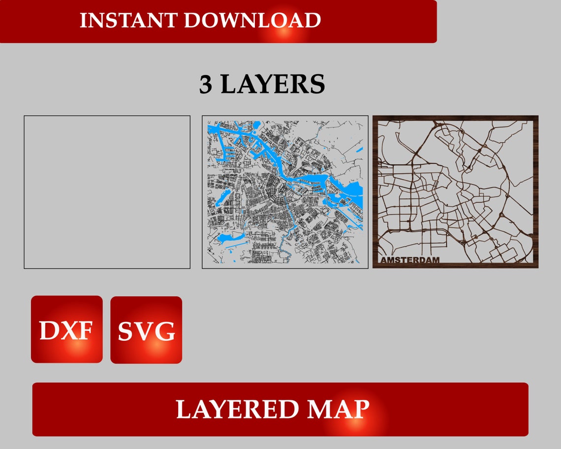 Amsterdam 3D Layered Map: Laser Cut Cityscape (SVG DXF Digital Download ...