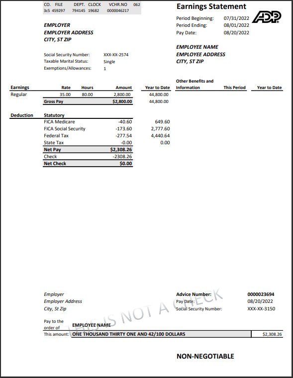 ADP Paystub custom Pay Stubs Pdf earnings Statement check Etsy