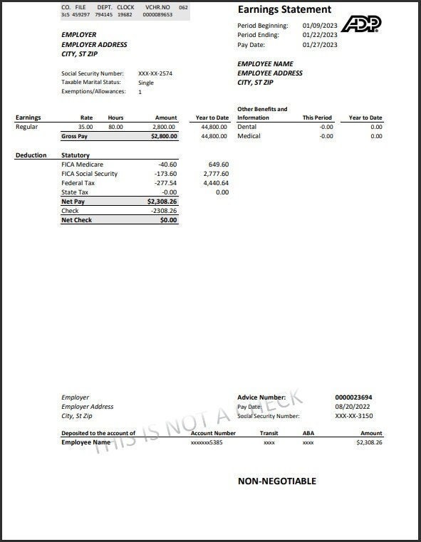 ADP Paystub custom Pay Stubs Pdf earnings Statement check Etsy Canada