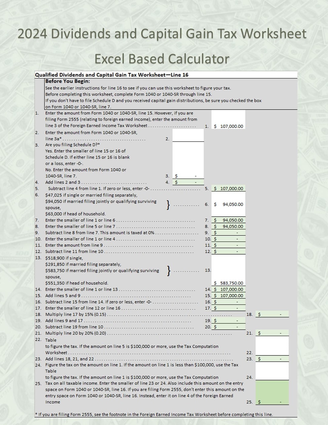 Easy Custom Calculator for 2024 Qualified Dividends and Capital Gain Tax Worksheet (excel 2016 ...