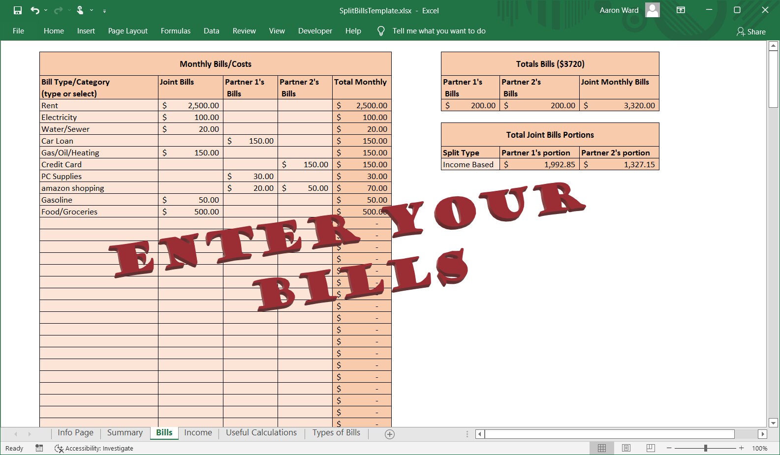 Income Based Couples Budget (split Bills Based on Income) - Etsy