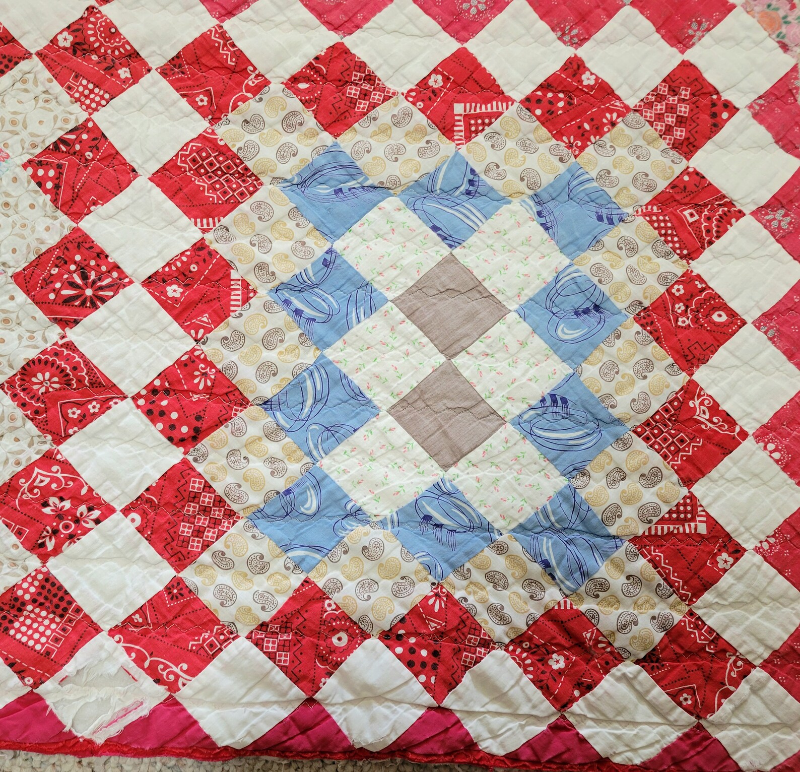 Vintage Cutter Quilt Piece, Red Bandana, Floral, Stripe and Checked ...