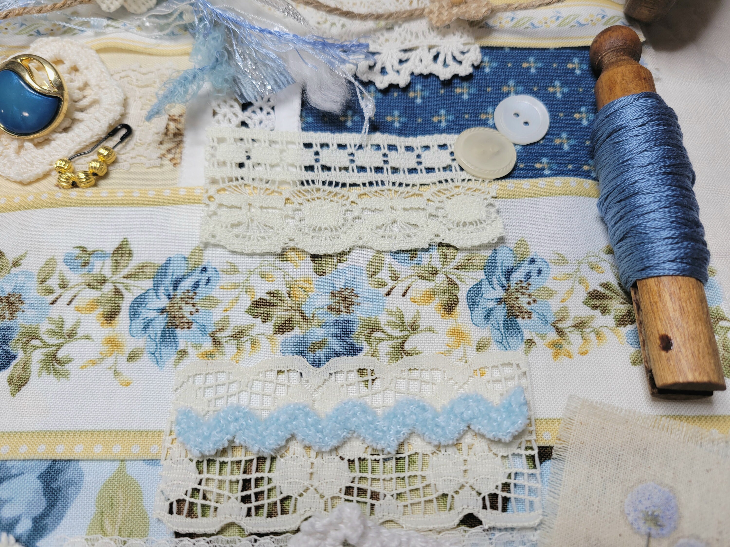 Blue Floral Snippet Roll on Wooden Spool, With Floral and Pattern ...