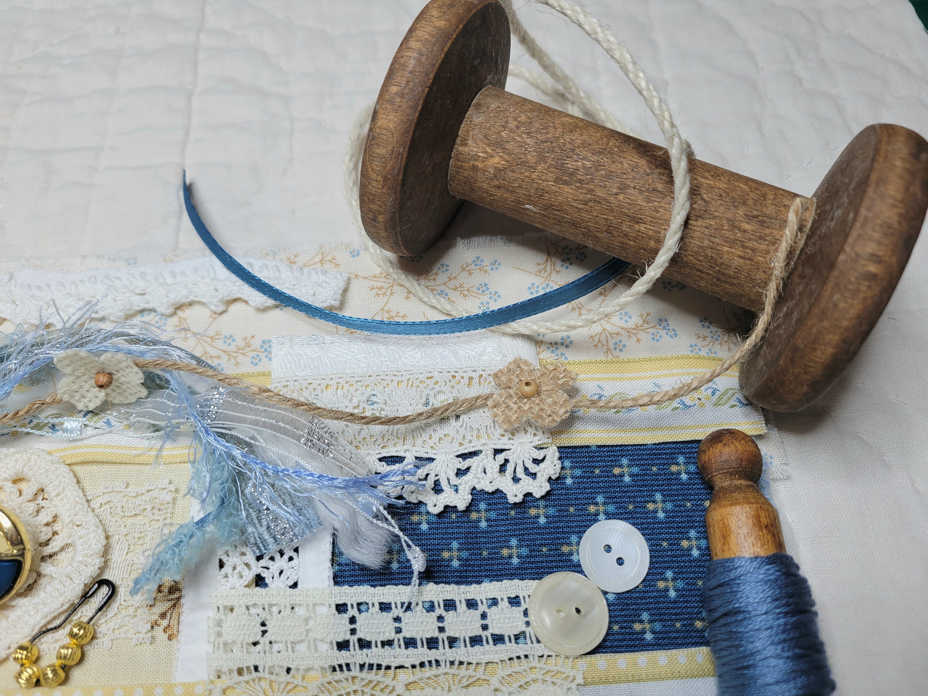 Blue Floral Snippet Roll on Wooden Spool, With Floral and Pattern ...