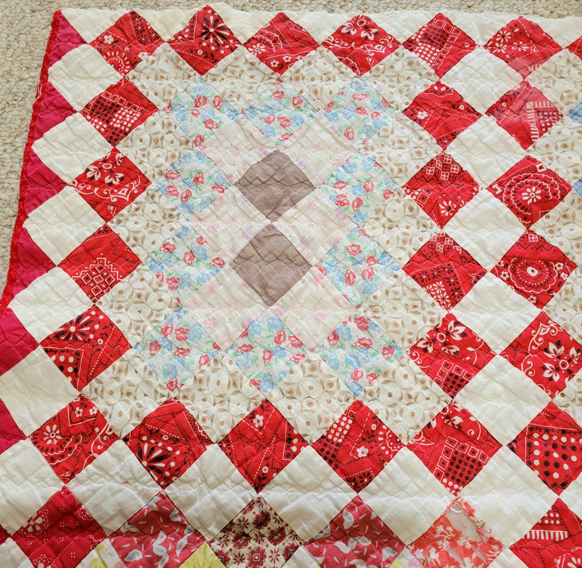 Vintage Cutter Quilt Piece, Red Bandana, Floral, Stripe and Checked ...