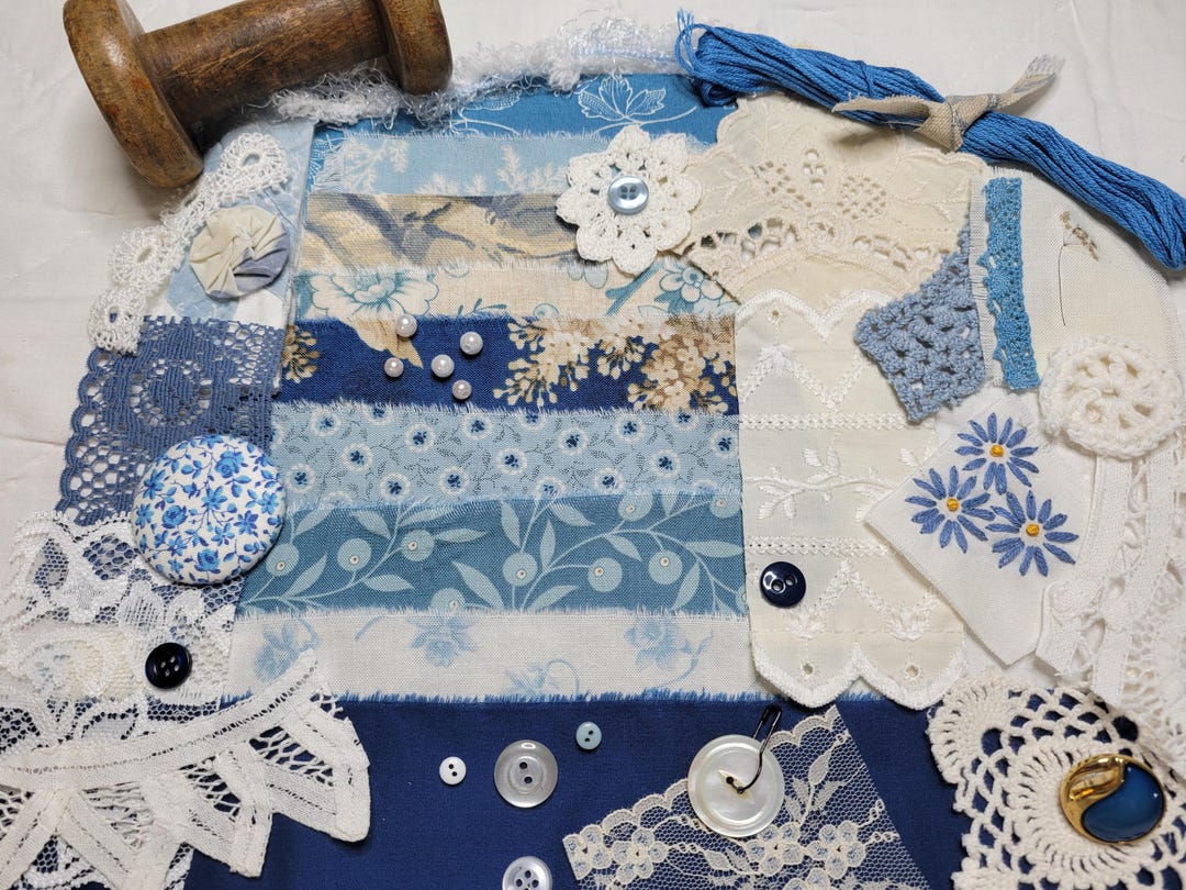 Blue Floral Snippet Roll Kit: Vintage Lace, Buttons, and Fabric on ...